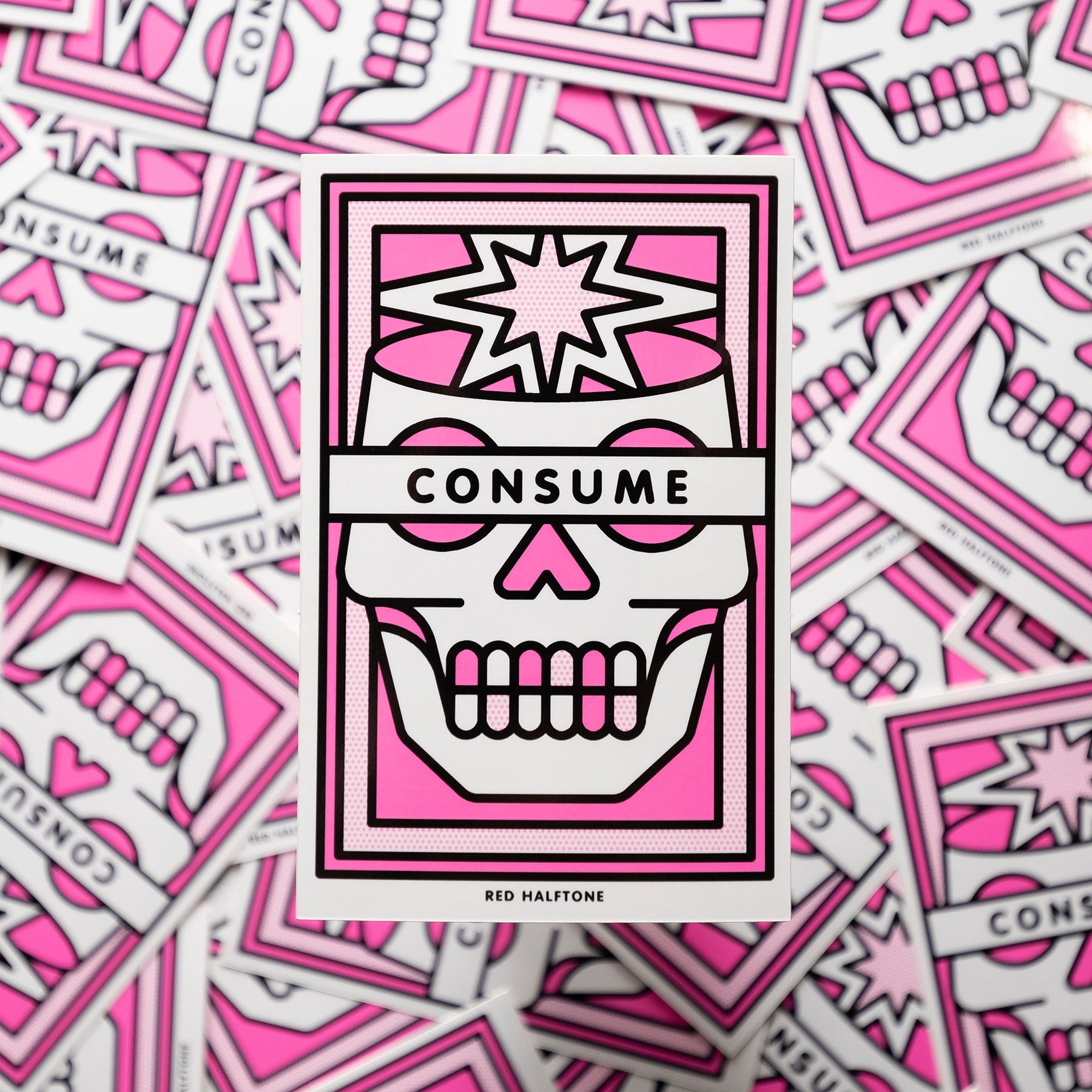 Neon Pink Consume Skull Sticker – Red Halftone