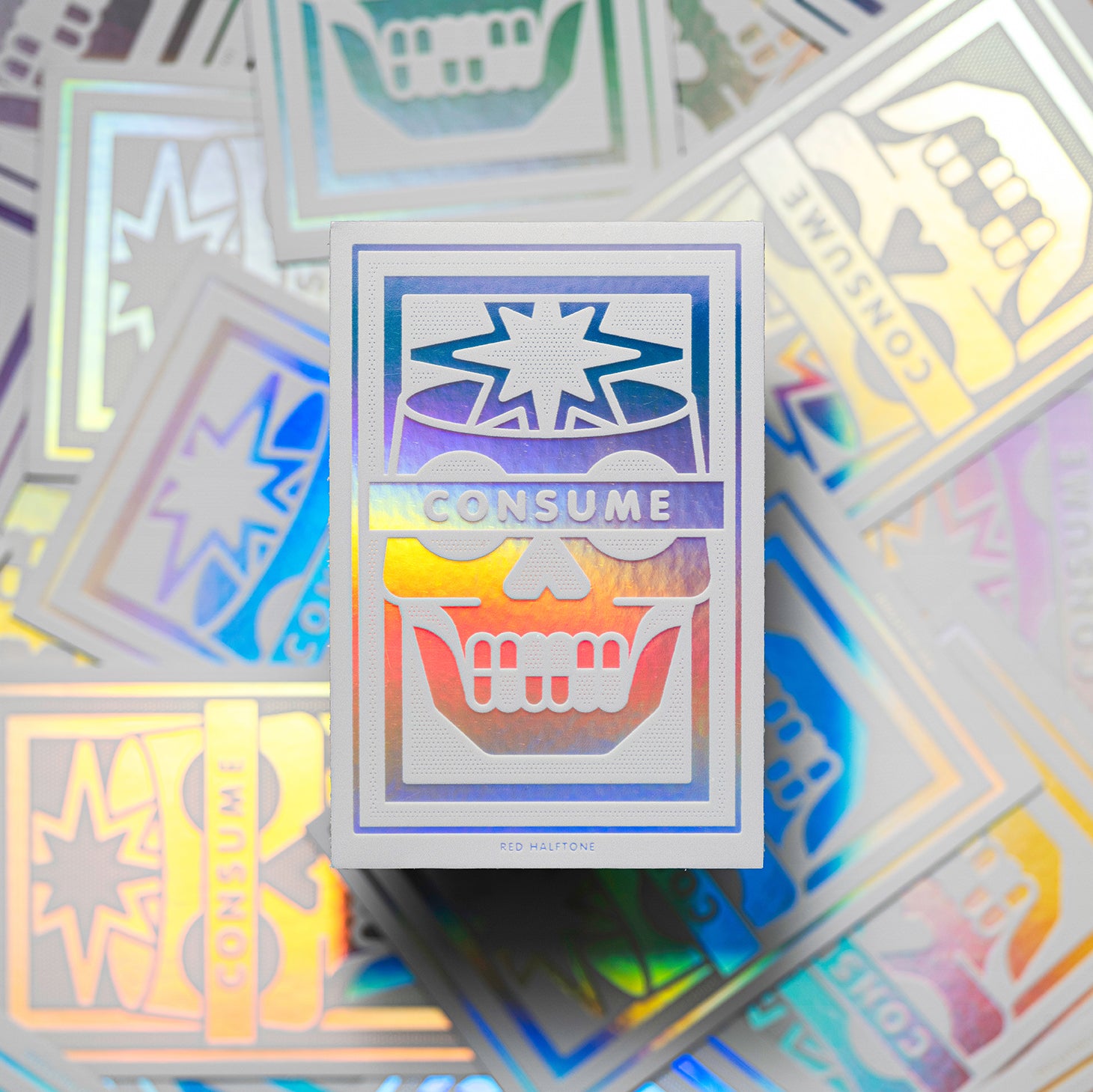 Holographic Consume Skull Sticker – Red Halftone