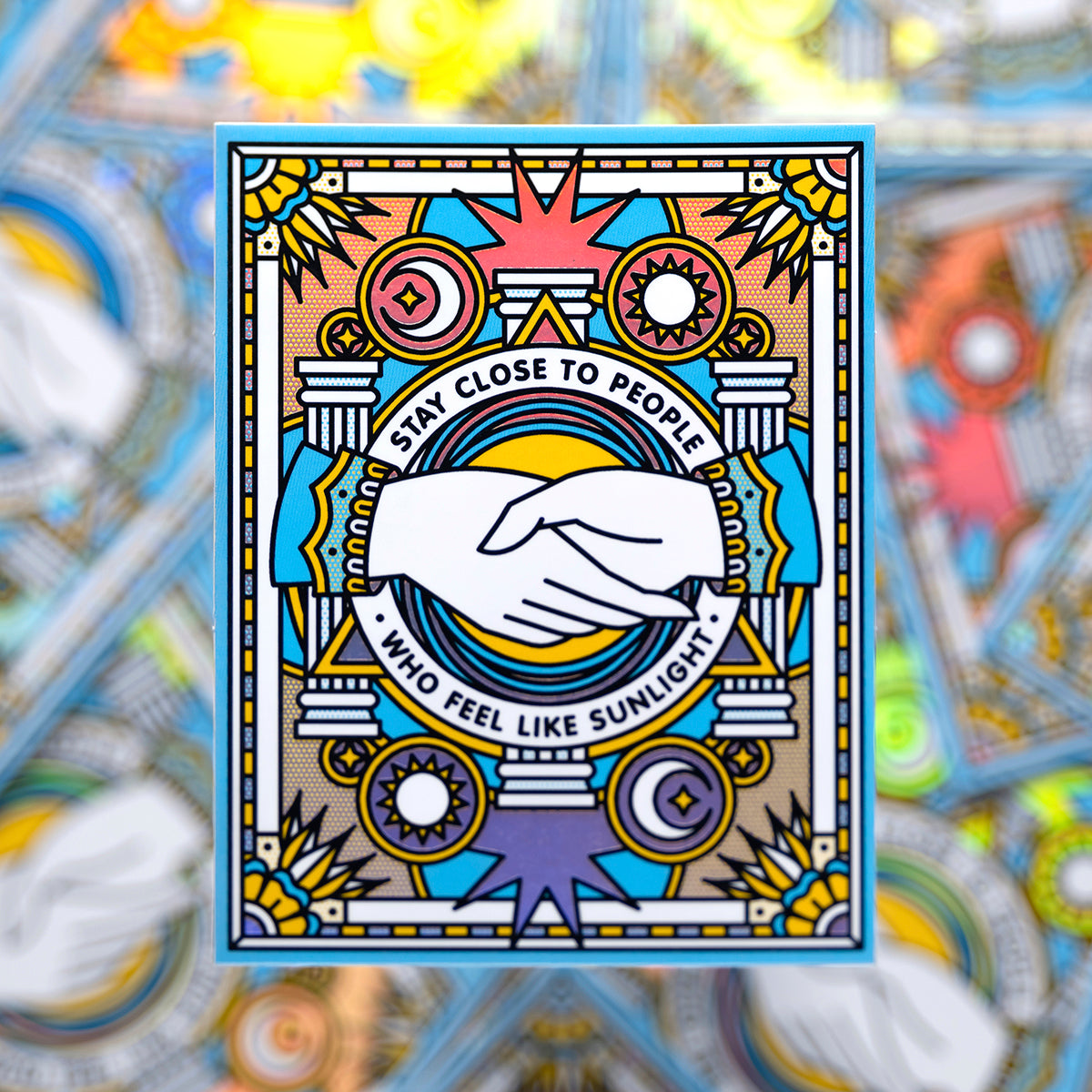 Stay Close Holographic Sticker – Red Halftone